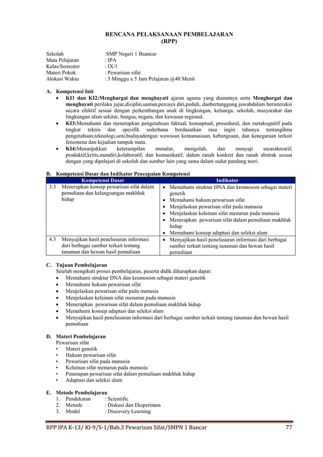 RPP IPA KELAS 9 SMP Bab 3.Pewarisan Sifat | PDF
