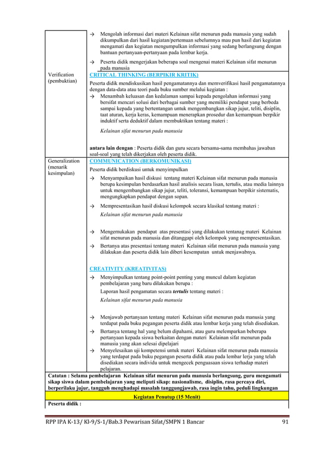 RPP IPA KELAS 9 SMP Bab 3.Pewarisan Sifat | PDF