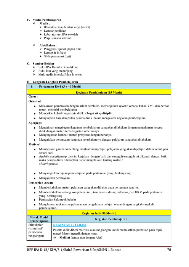 RPP IPA KELAS 9 SMP Bab 3.Pewarisan Sifat | PDF