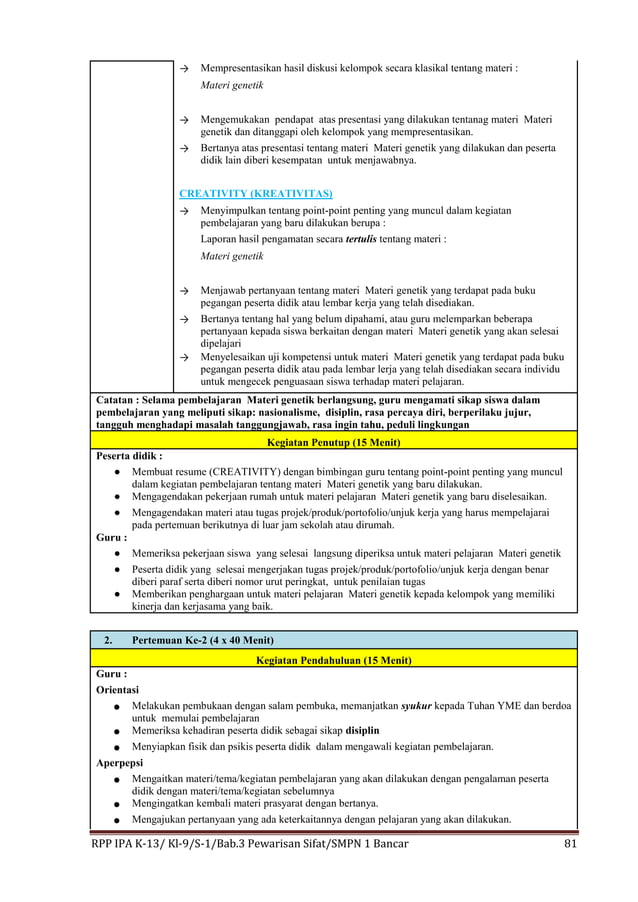 RPP IPA KELAS 9 SMP Bab 3.Pewarisan Sifat | PDF