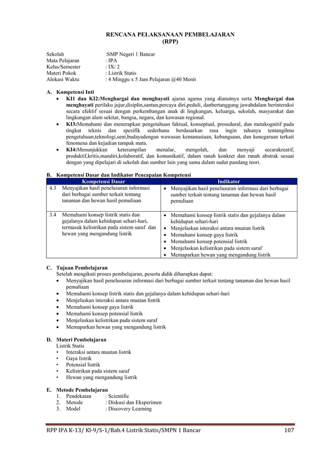 RPP IPA KELAS 9 SMP Bab 4. Listrik Statis | PDF