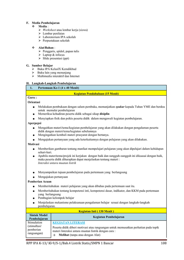 RPP IPA KELAS 9 SMP Bab 4. Listrik Statis | PDF