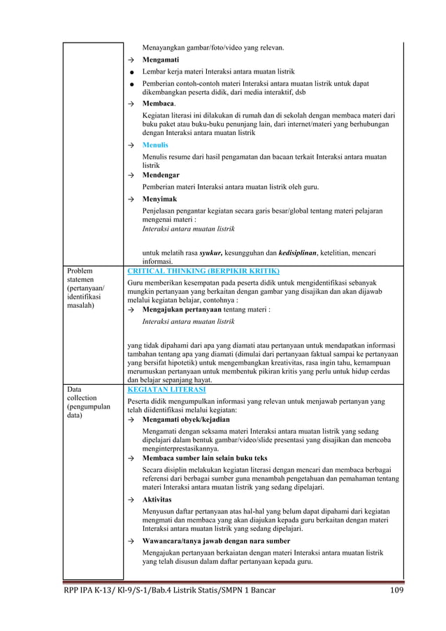 RPP IPA KELAS 9 SMP Bab 4. Listrik Statis | PDF
