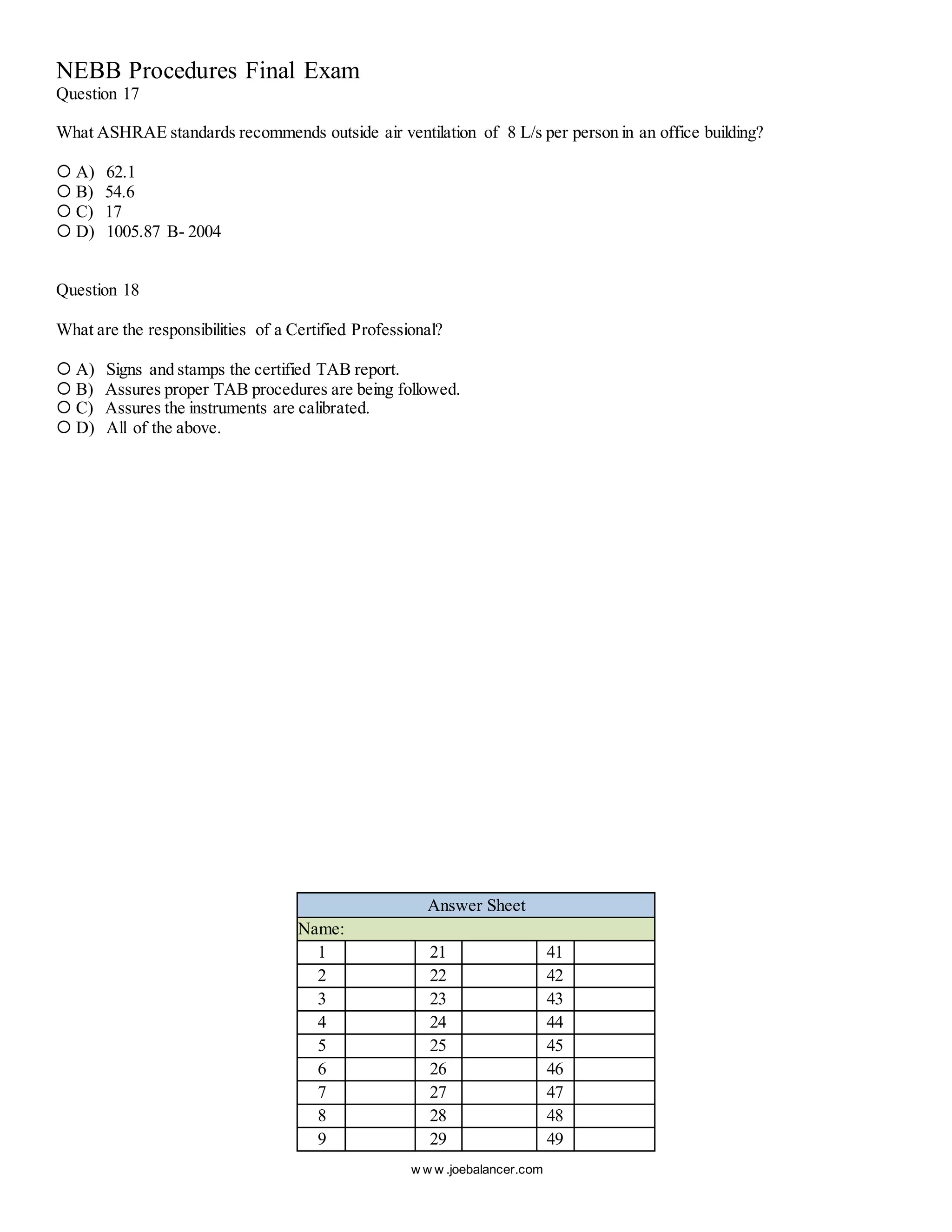 14. nebb procedures final exam metric copy | DOC