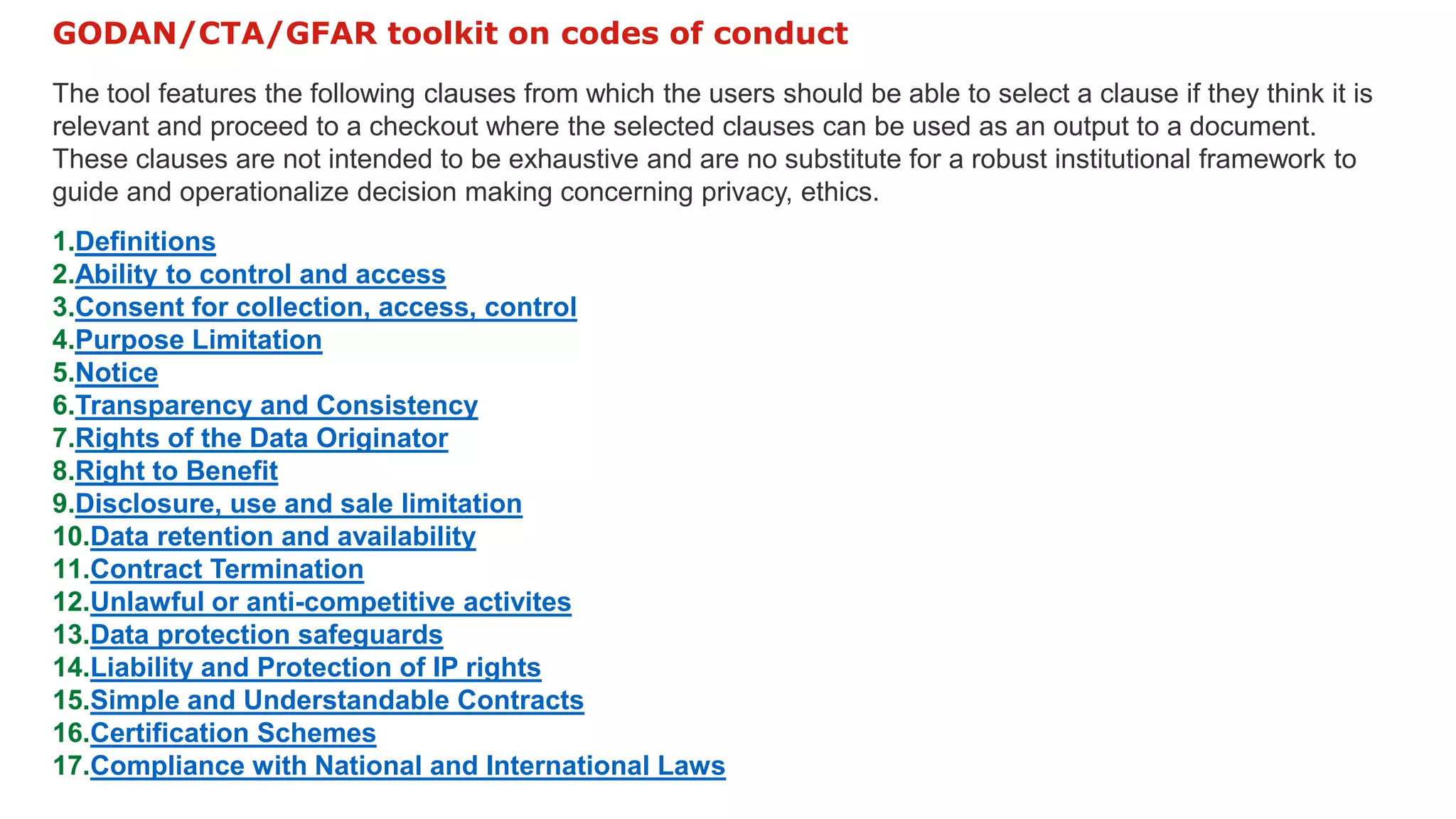 GODAN Agriculture Code of Conduct Toolkit | PPTX