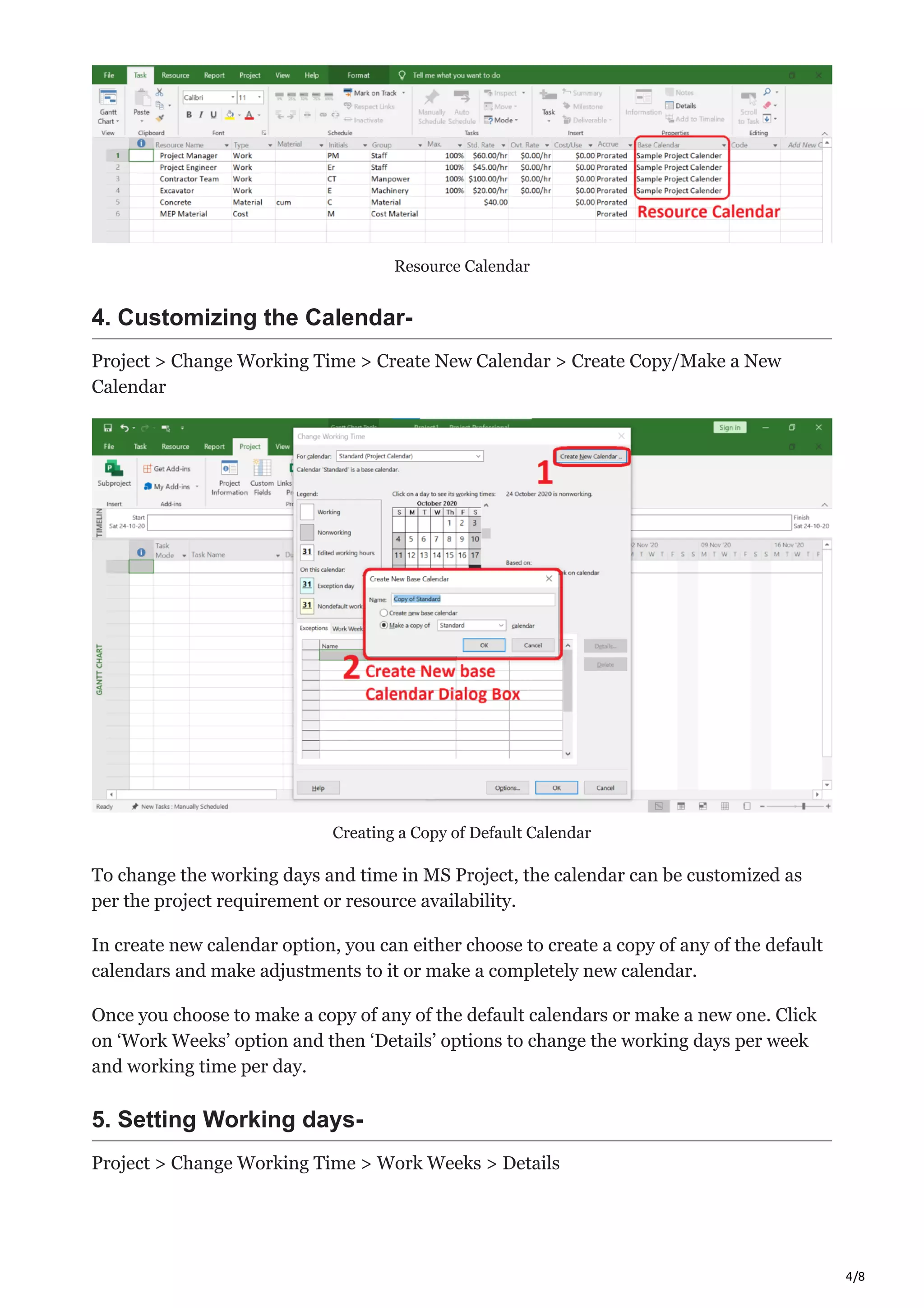 How to change working days and time in MS Project? | PDF