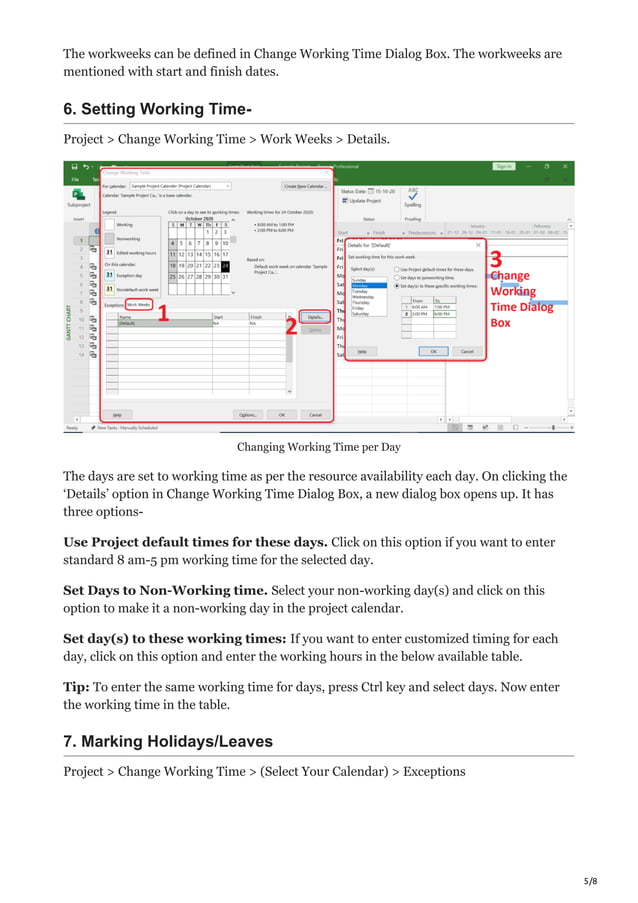 How to change working days and time in MS Project? | PDF