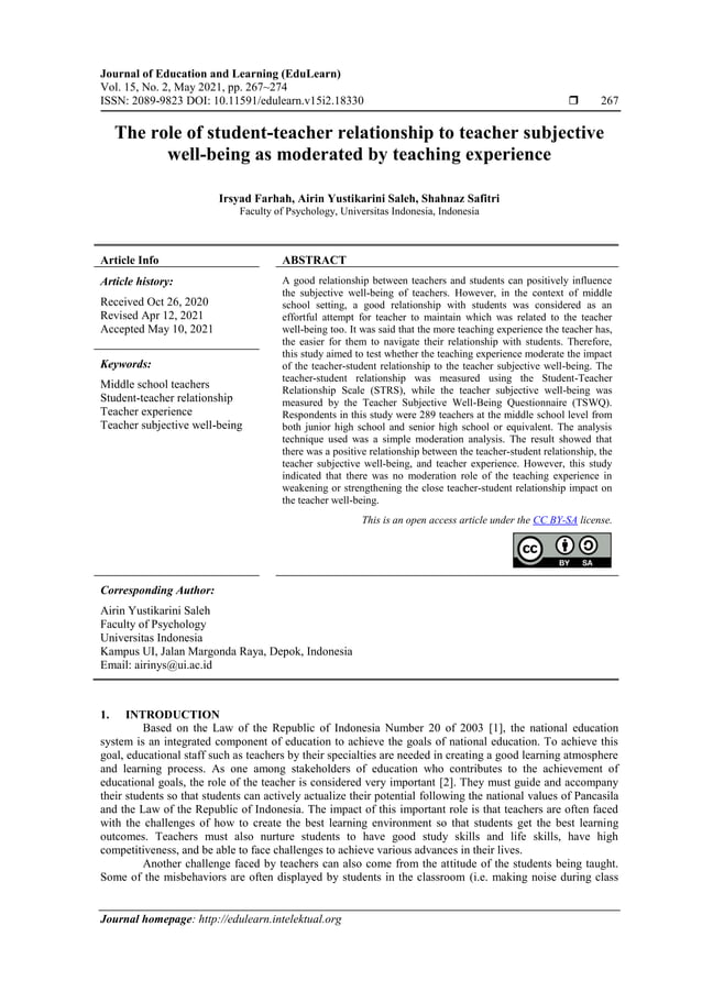 The role of student-teacher relationship to teacher subjective well ...