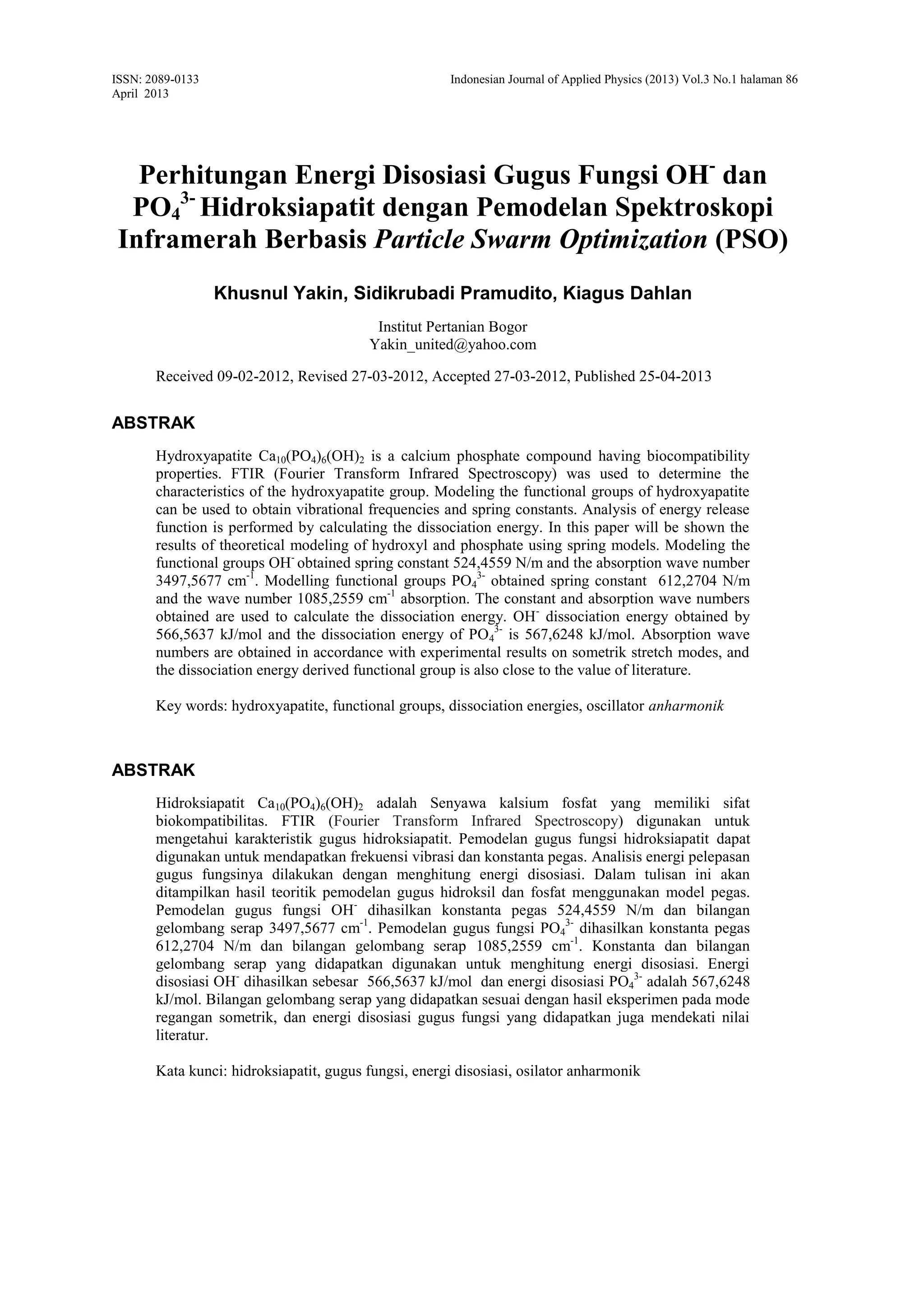 Perhitungan Energi Disosiasi Gugus Fungsi OH- dan PO43- Hidroksiapatit ...