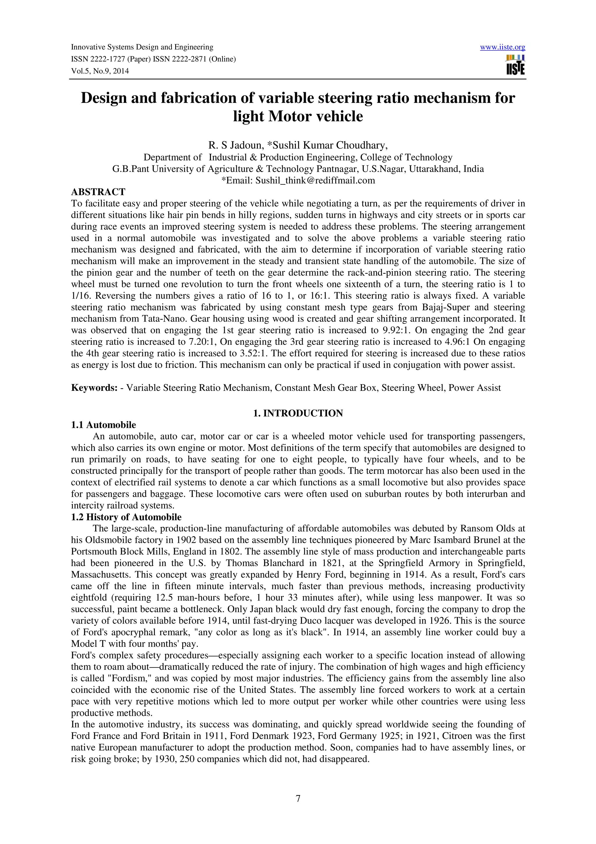 Design and fabrication of variable steering ratio mechanism for light ...