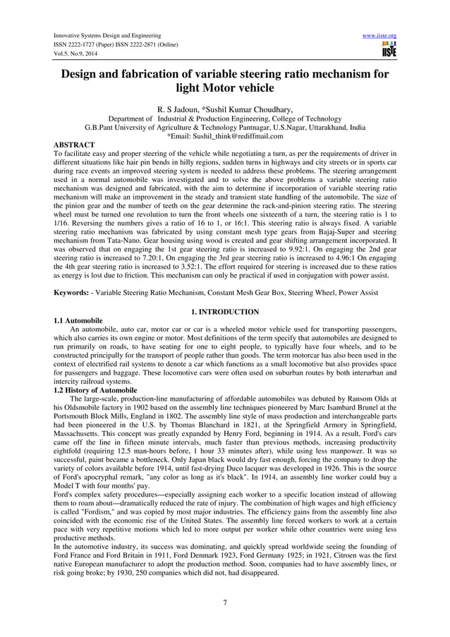 Design and fabrication of variable steering ratio mechanism for light ...