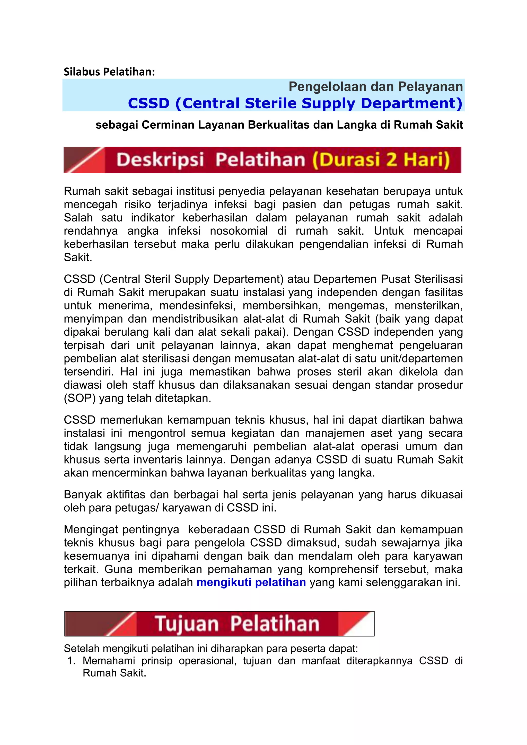 Silabus Pelatihan "Pengelolaan & Pelayanan CSSD (Central Sterile Supply ...
