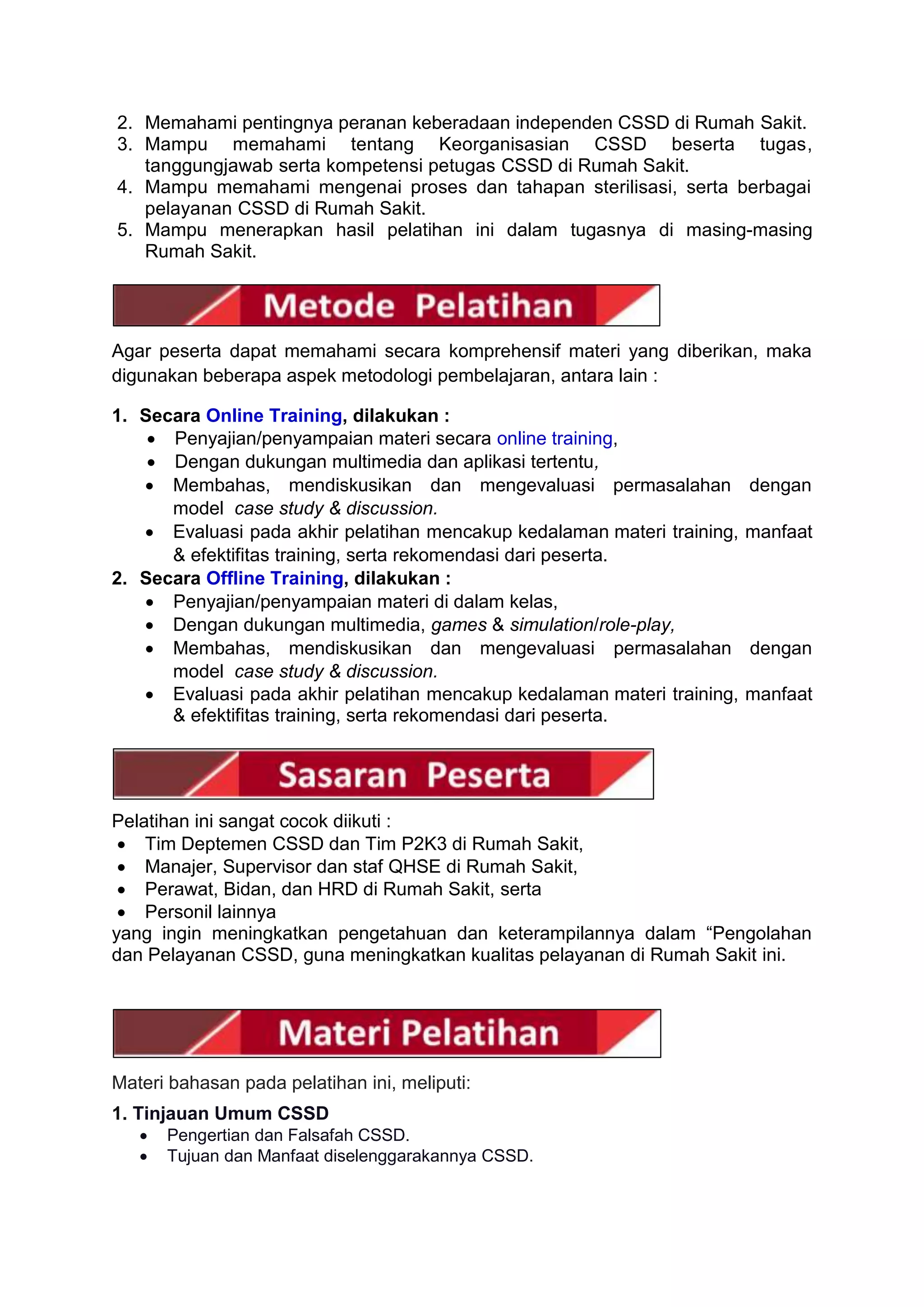 Silabus Pelatihan "Pengelolaan & Pelayanan CSSD (Central Sterile Supply Department) sebagai ...