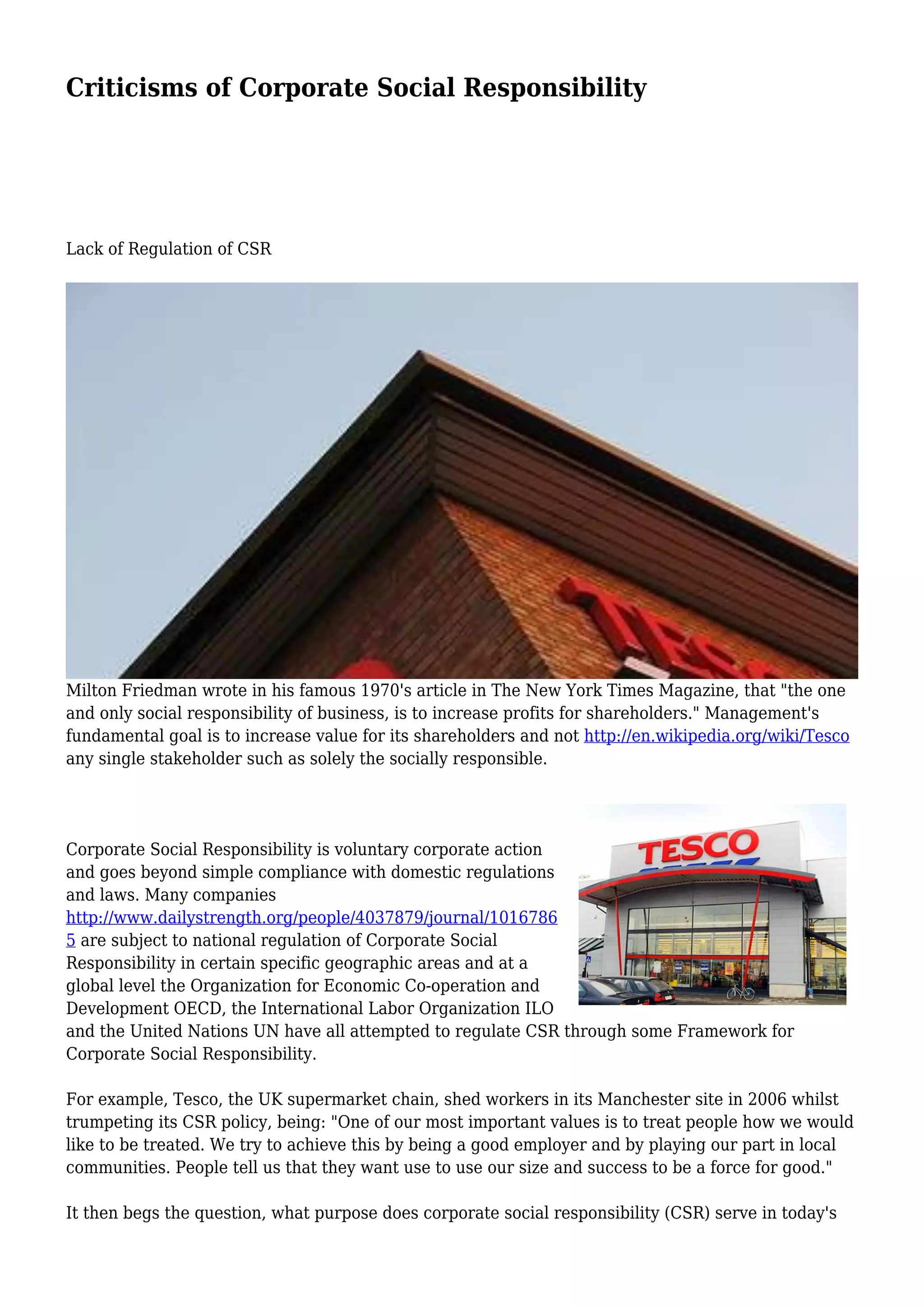 Criticisms of Corporate Social Responsibility | PDF