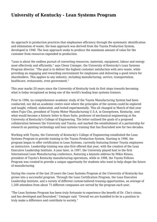 University of Kentucky - Lean Systems Program | PDF
