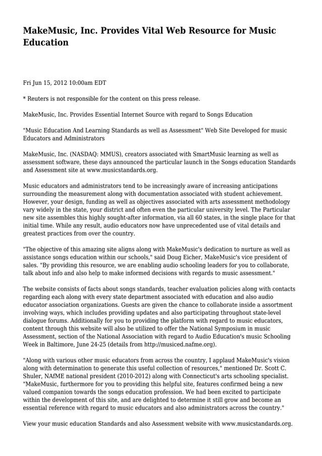 MakeMusic, Inc. Provides Vital Web Resource for Music Education | PDF