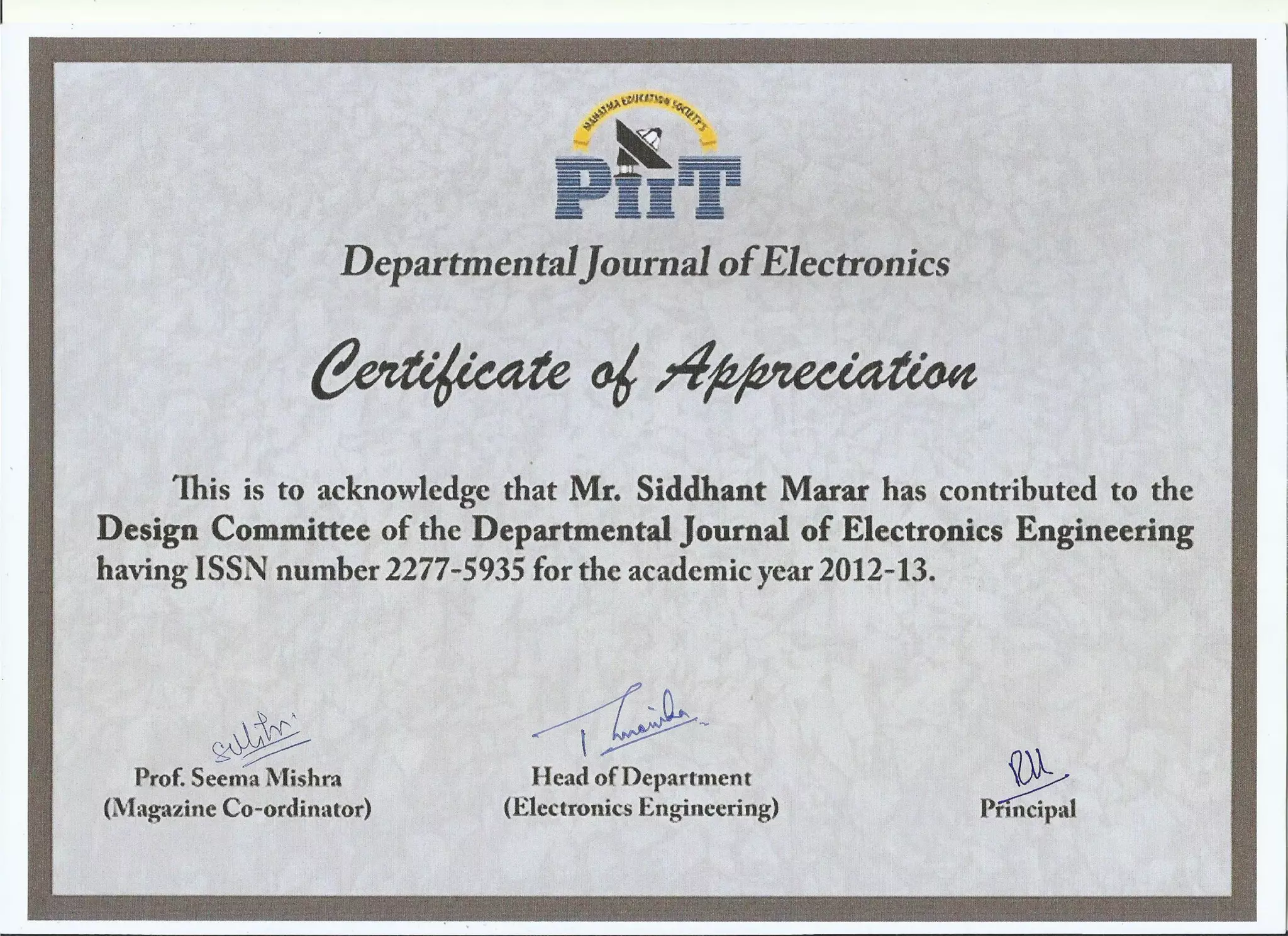 Certificate of Departmental Journal of Electronics 2012 | PPT | Free ...