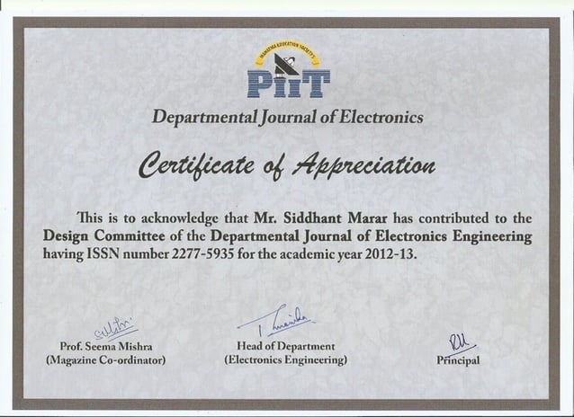 Certificate of Departmental Journal of Electronics 2012 | PDF