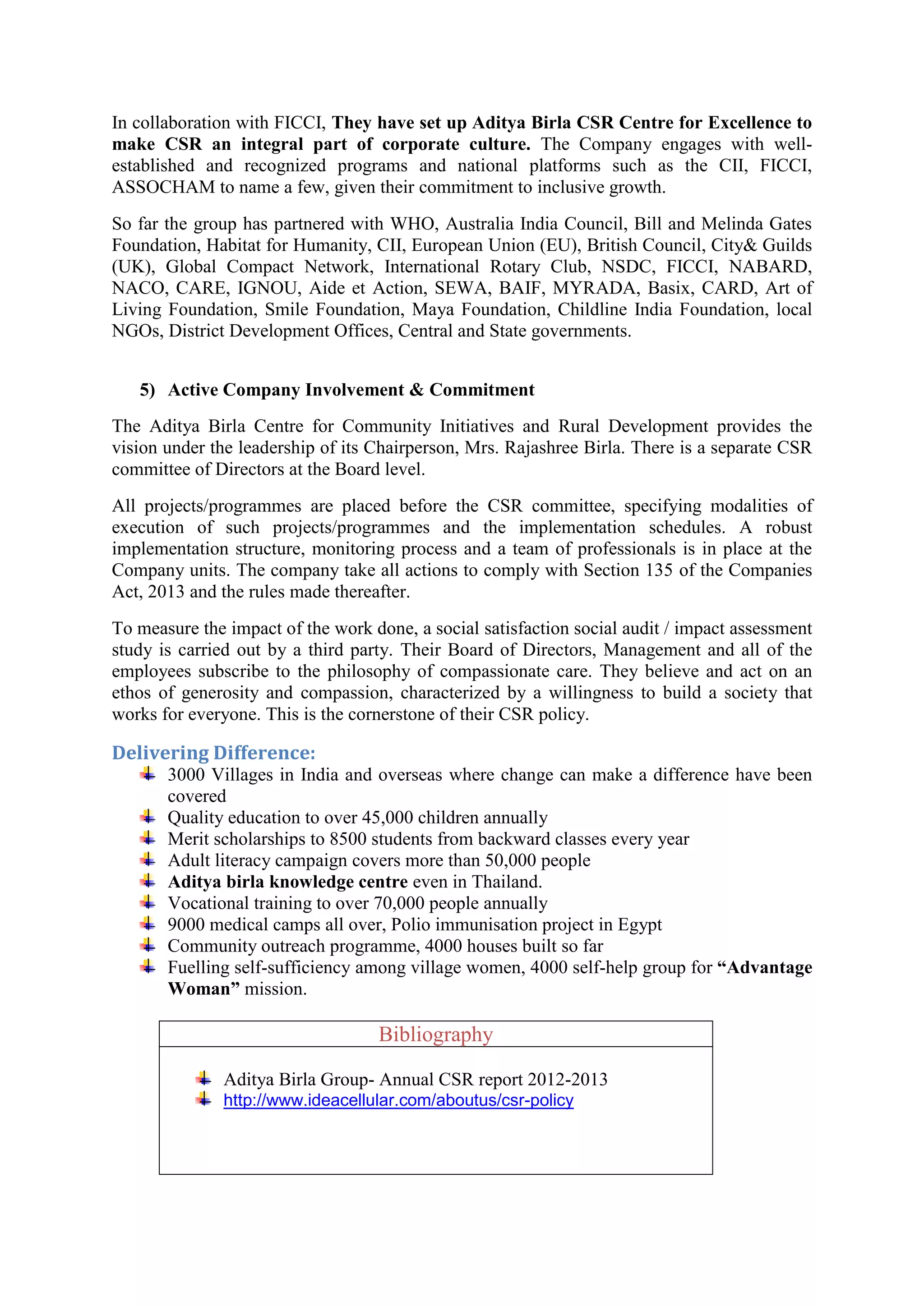 CSR Activities by IDEA & Aditya Birla Group | PDF