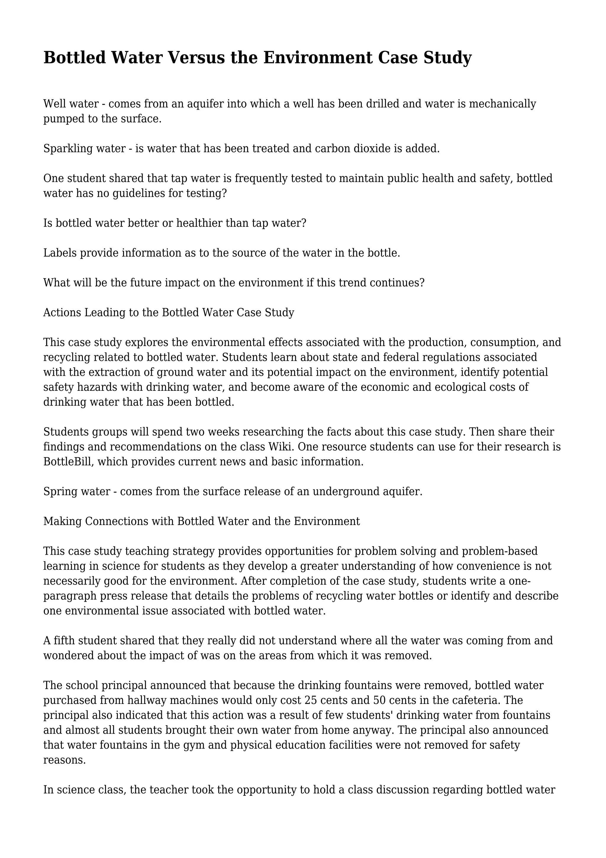 Bottled Water Versus the Environment Case Study | PDF