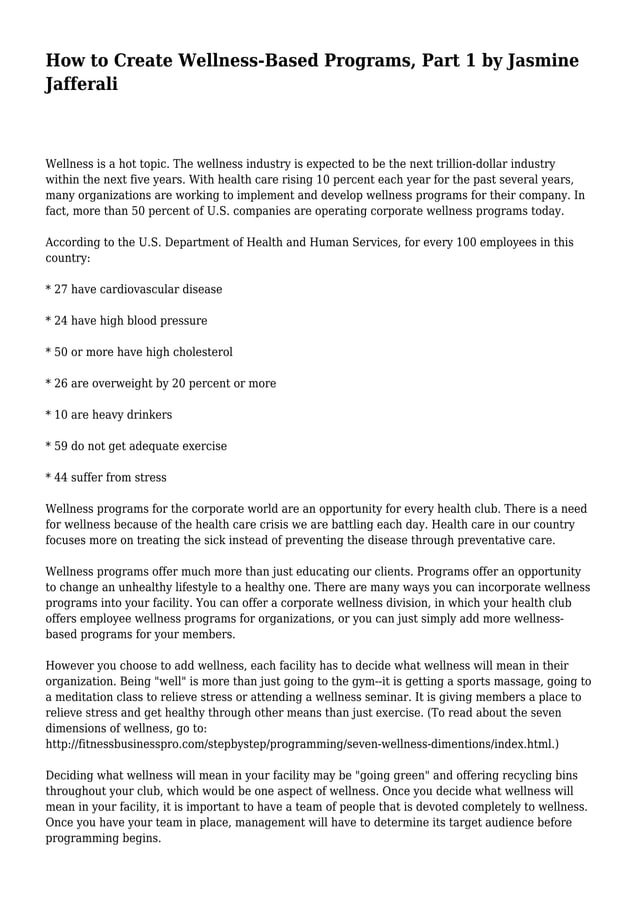 How to Create Wellness-Based Programs, Part 1 by Jasmine Jafferali | PDF