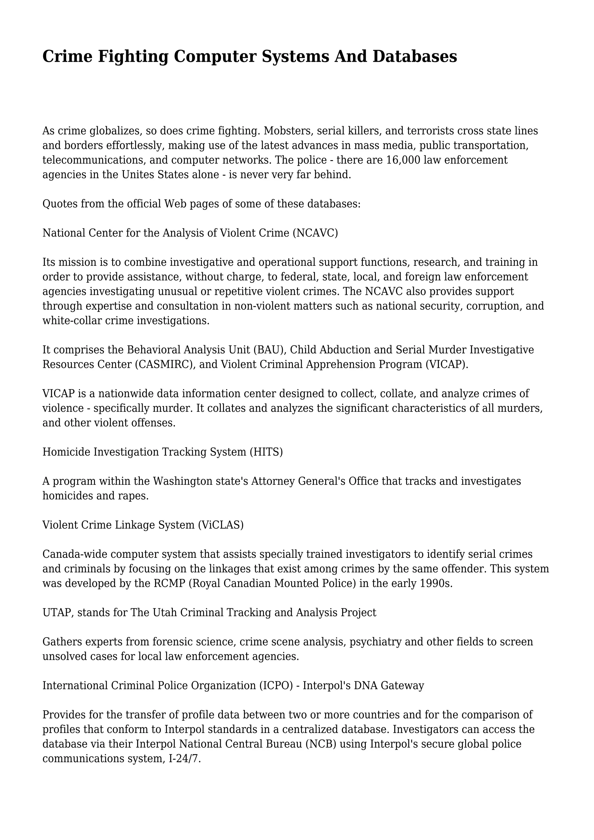 Crime Fighting Computer Systems And Databases | PDF