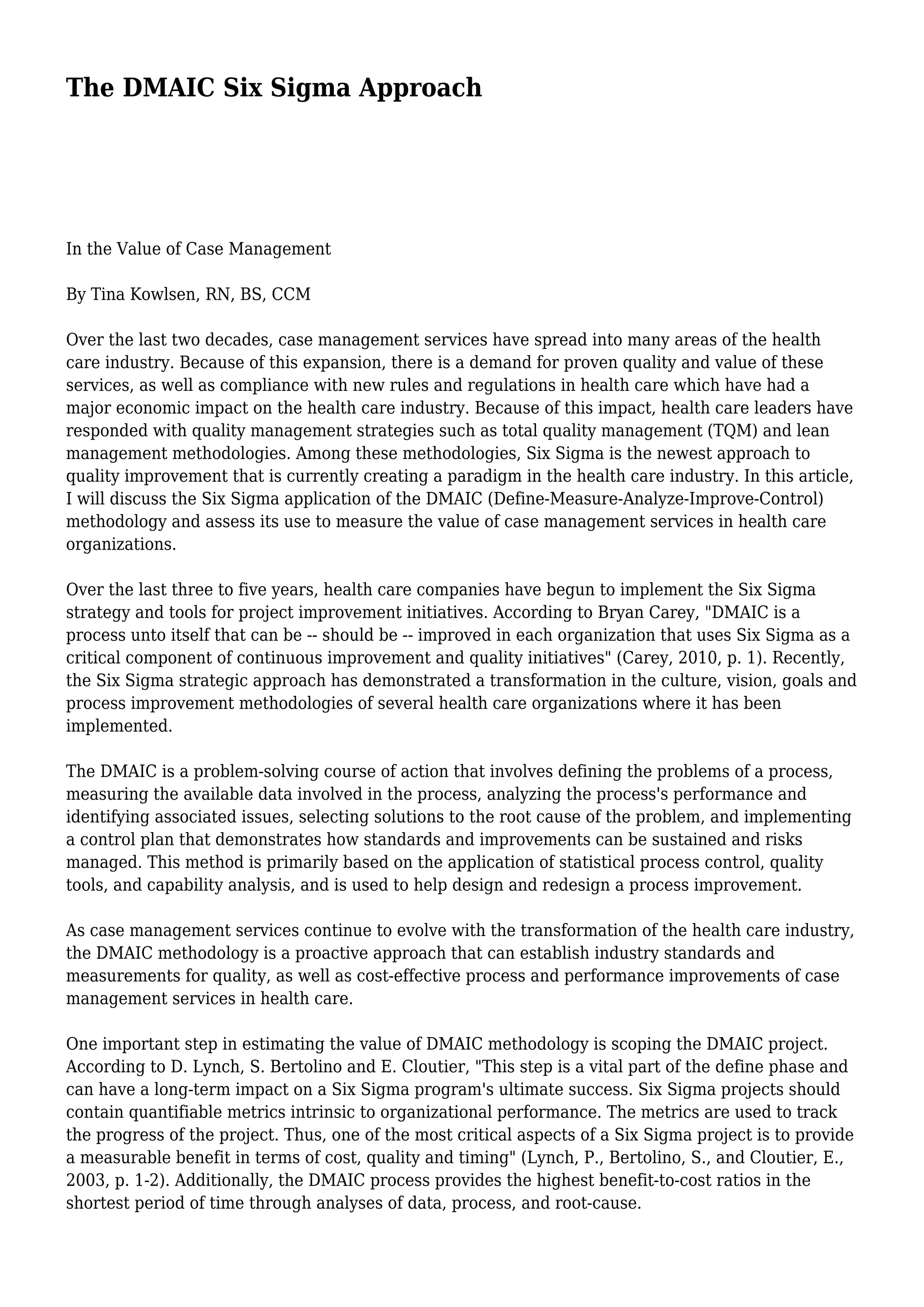 The DMAIC Six Sigma Approach | PDF