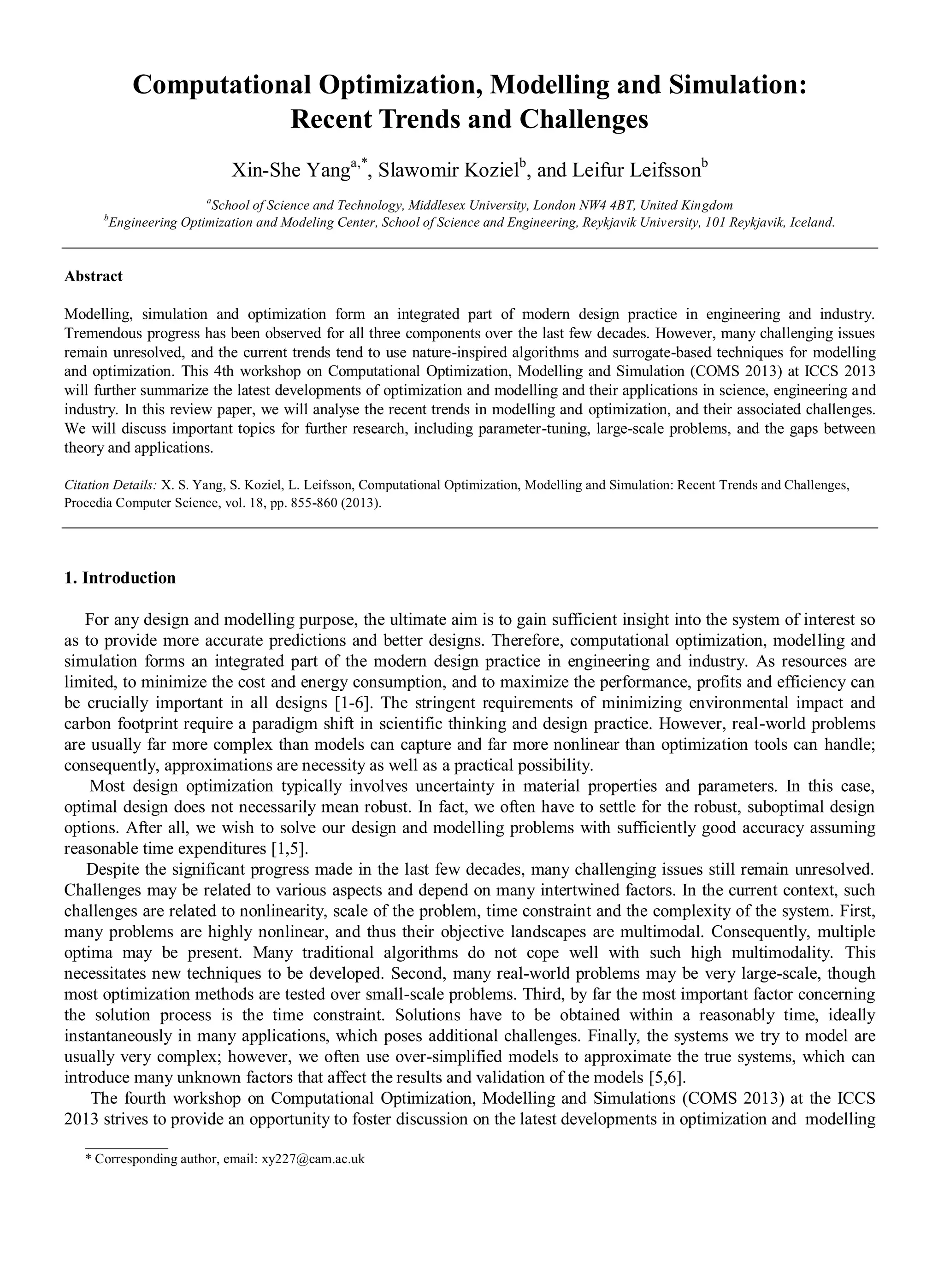 Computational Optimization Modelling And Simulation Recent Trends And Challenges Pdf