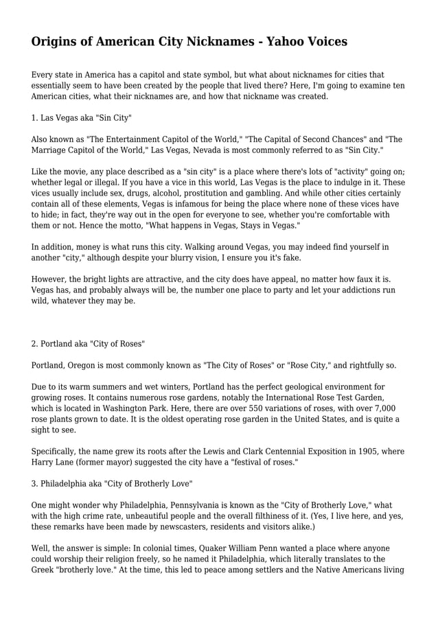 Origins of American City Nicknames - Yahoo Voices | PDF