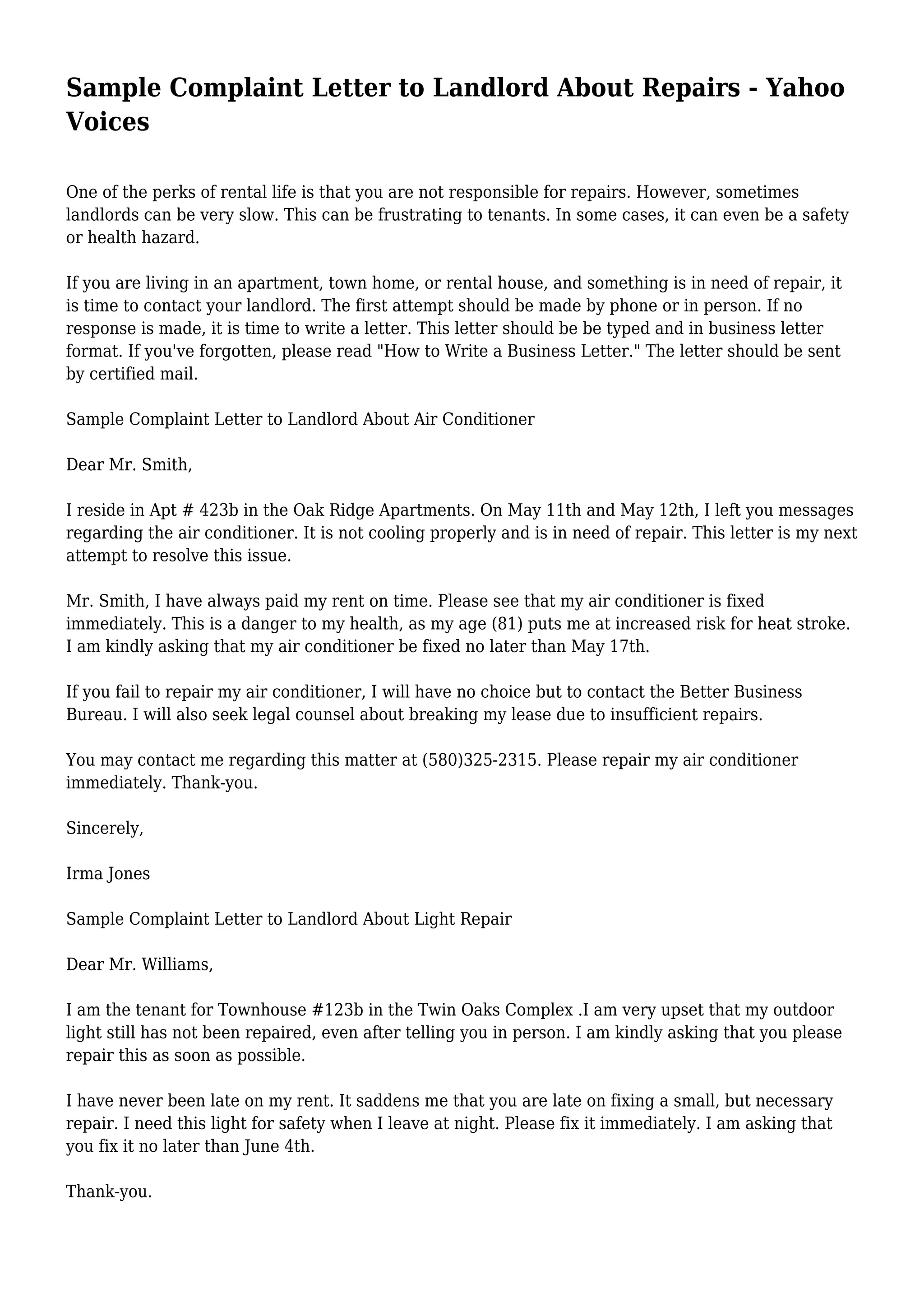 Sample Complaint Letter to Landlord About Repairs - Yahoo Voices | PDF