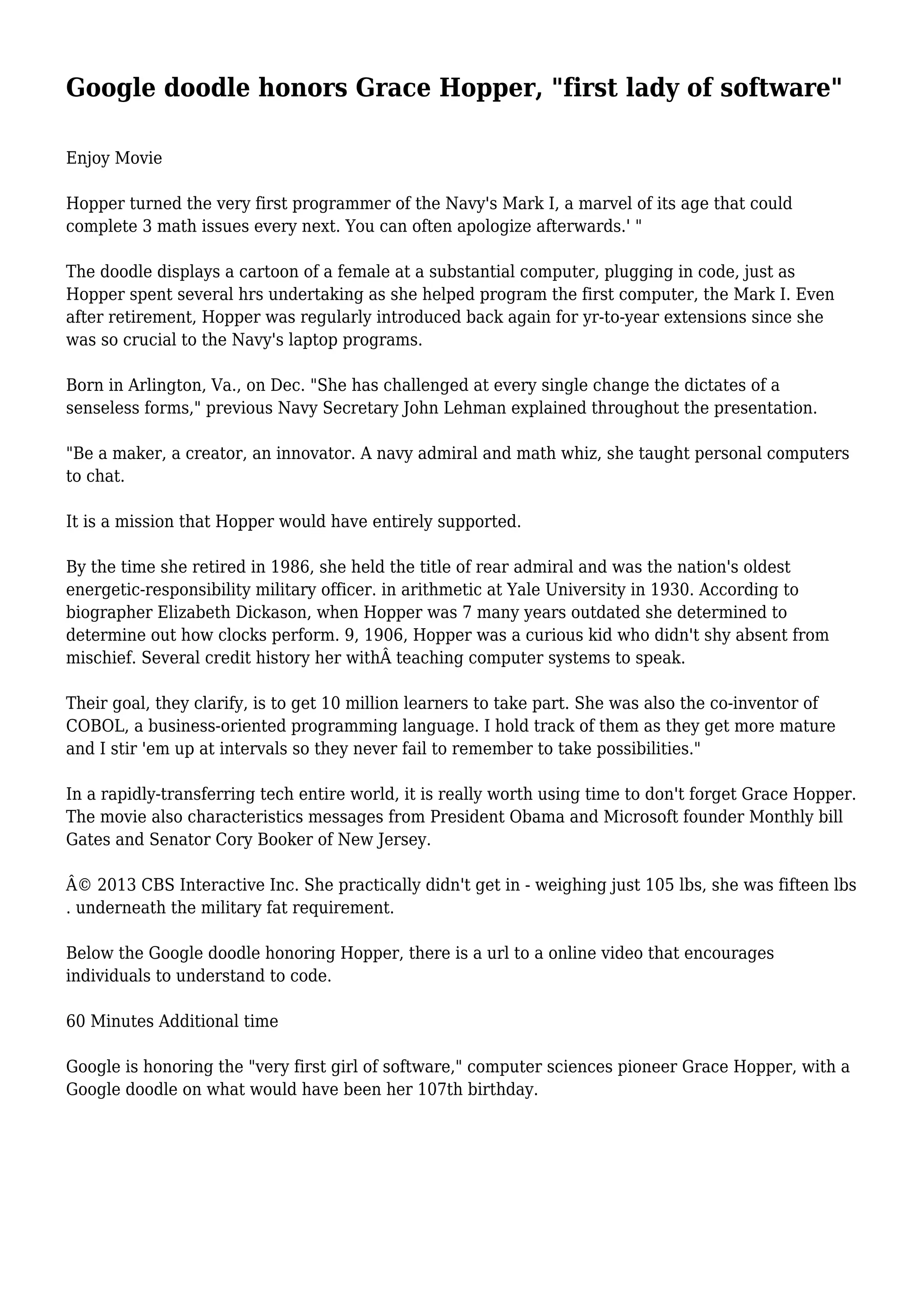 Google doodle honors Grace Hopper, "first lady of software" | PDF