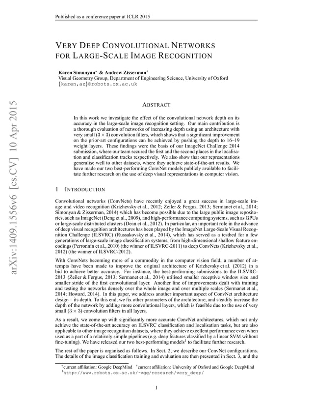 VERY DEEP CONVOLUTIONAL NETWORKS FOR LARGE-SCALE IMAGE RECOGNITION | PDF