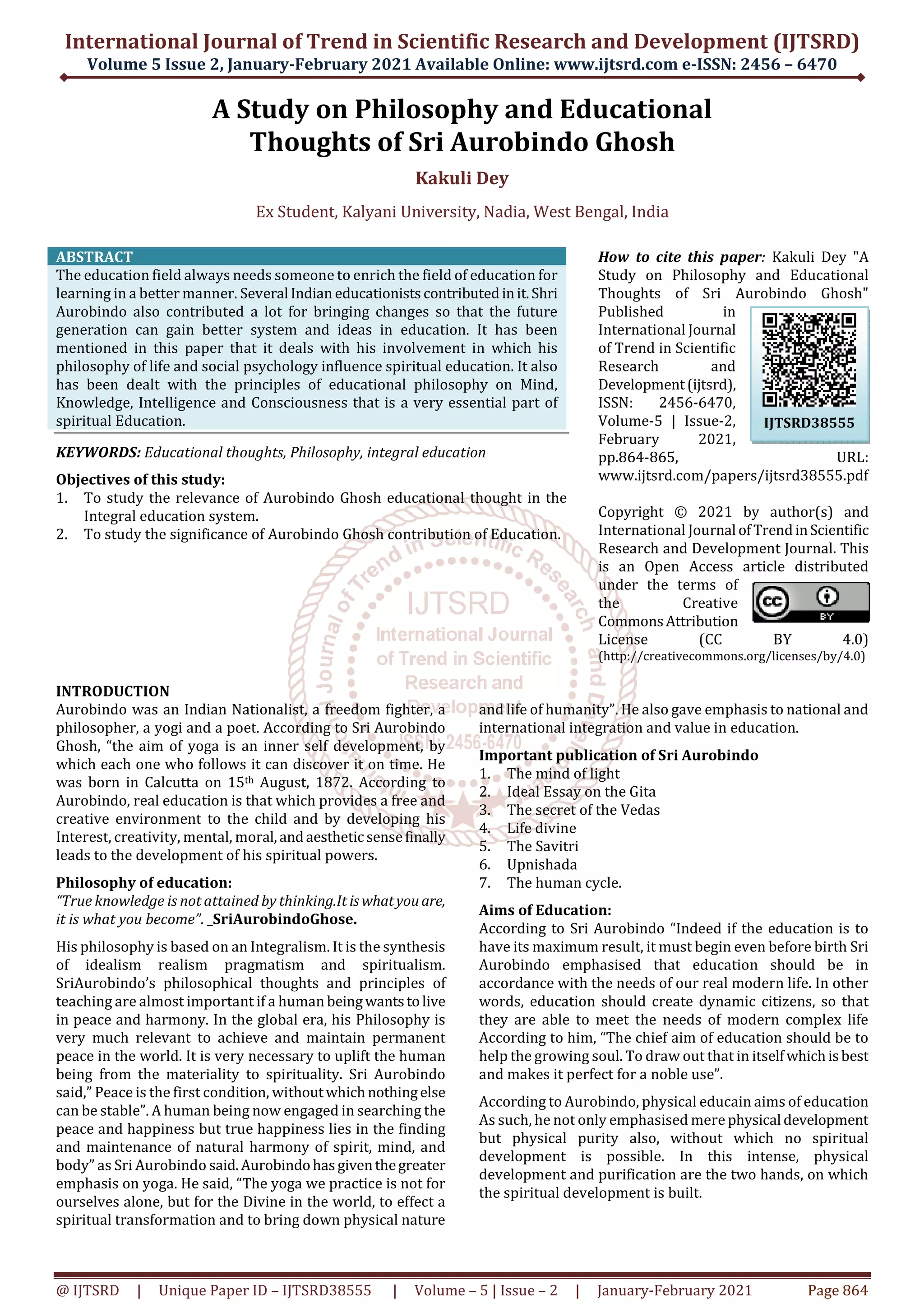 A Study on Philosophy and Educational Thoughts of Sri Aurobindo Ghosh | PDF