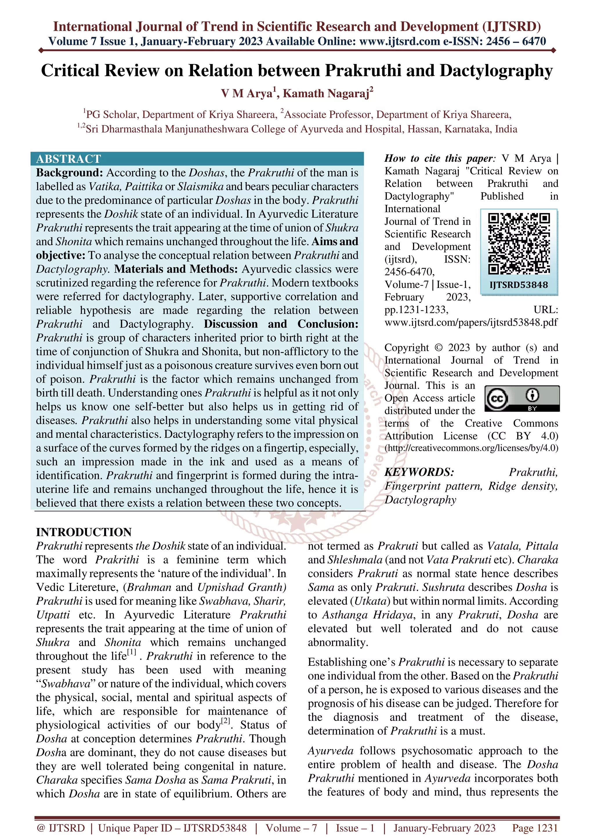 Critical Review on Relation between Prakruthi and Dactylography | PDF