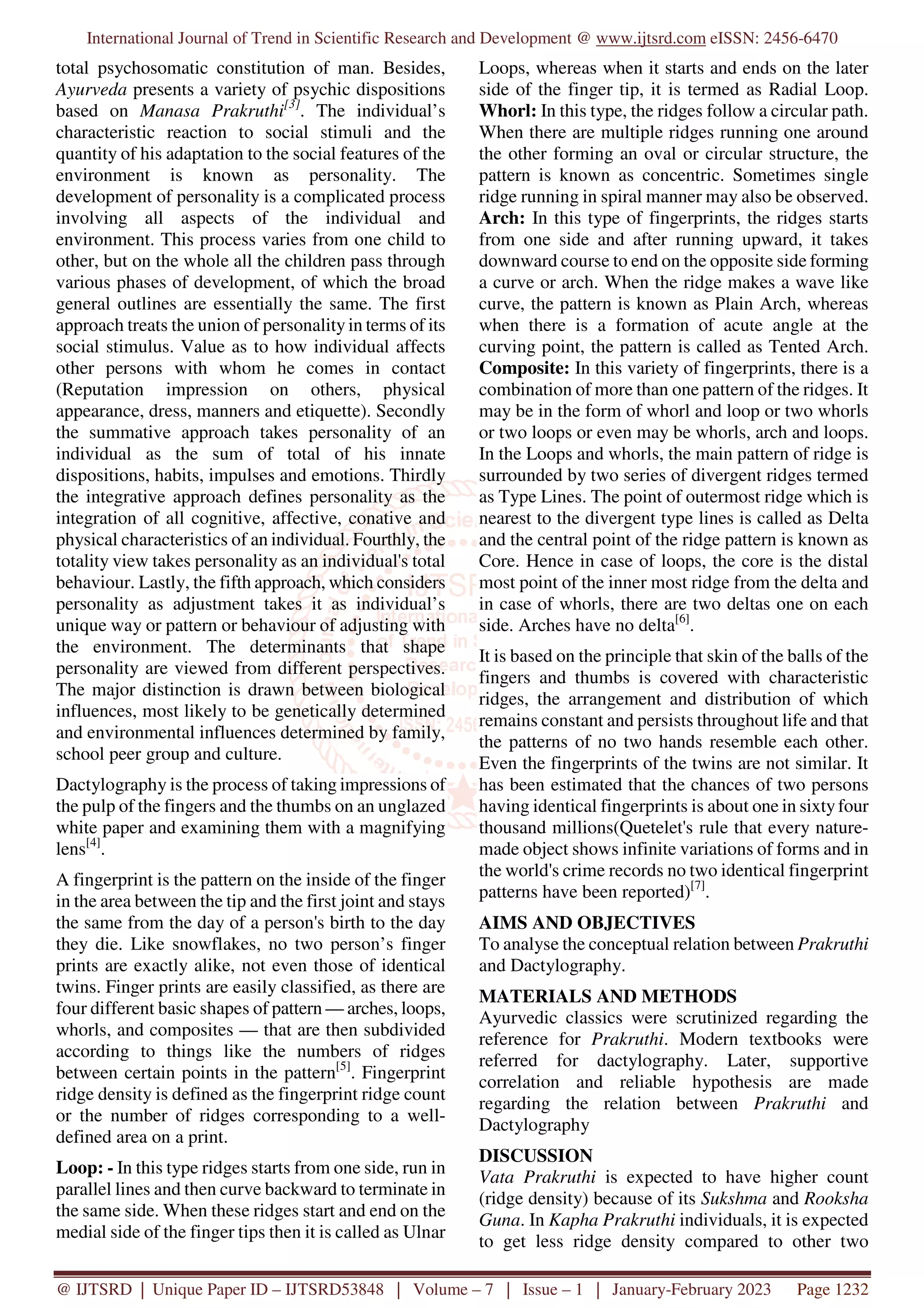 Critical Review on Relation between Prakruthi and Dactylography | PDF