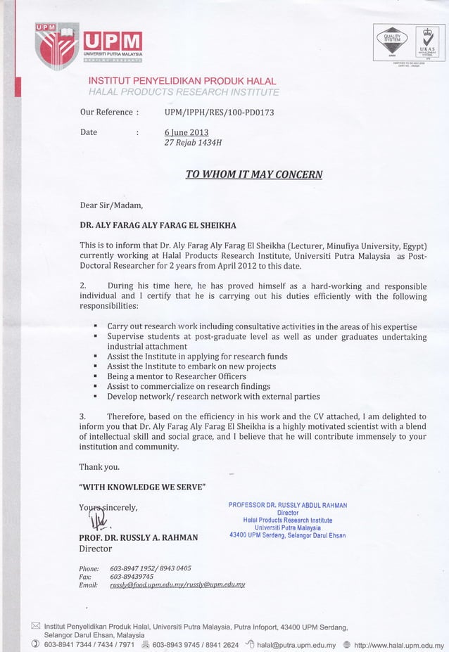 Recommendation Letter (Director of Halal Institute Malaysia) | PDF