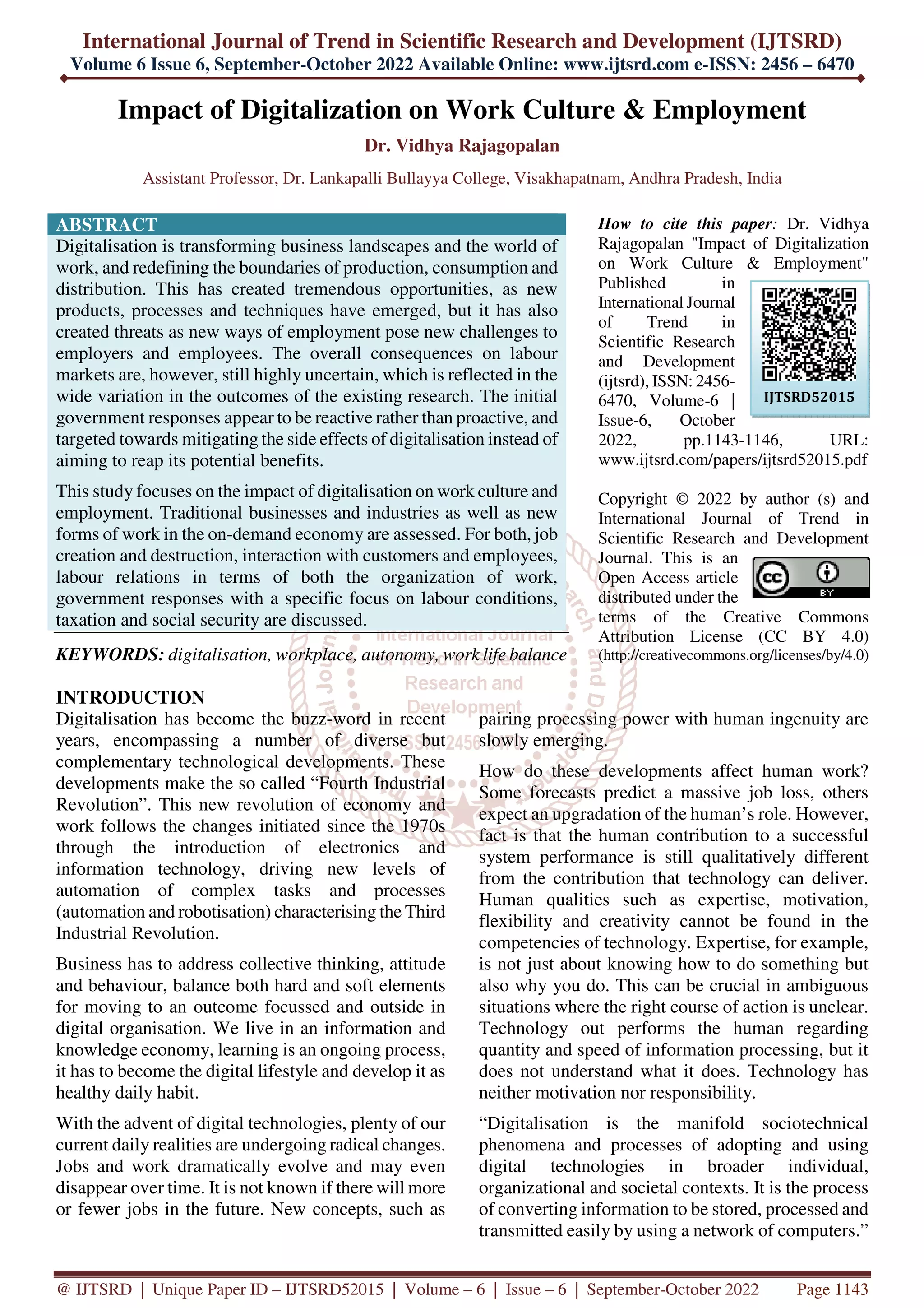 Impact of Digitalization on Work Culture and Employment | PDF