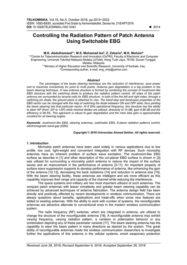 Controlling the Radiation Pattern of Patch Antenna Using Switchable EBG ...