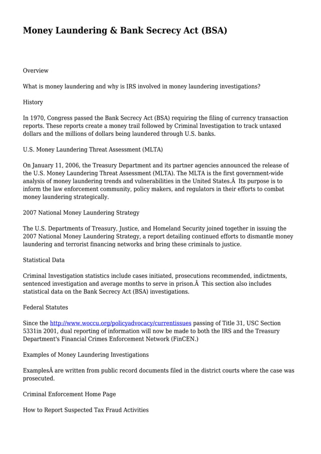 Money Laundering & Bank Secrecy Act (BSA) | PDF