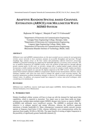 ADAPTIVE RANDOM SPATIAL BASED CHANNEL ESTIMATION (ARSCE) FOR MILLIMETER WAVE MIMO SYSTEM | PDF