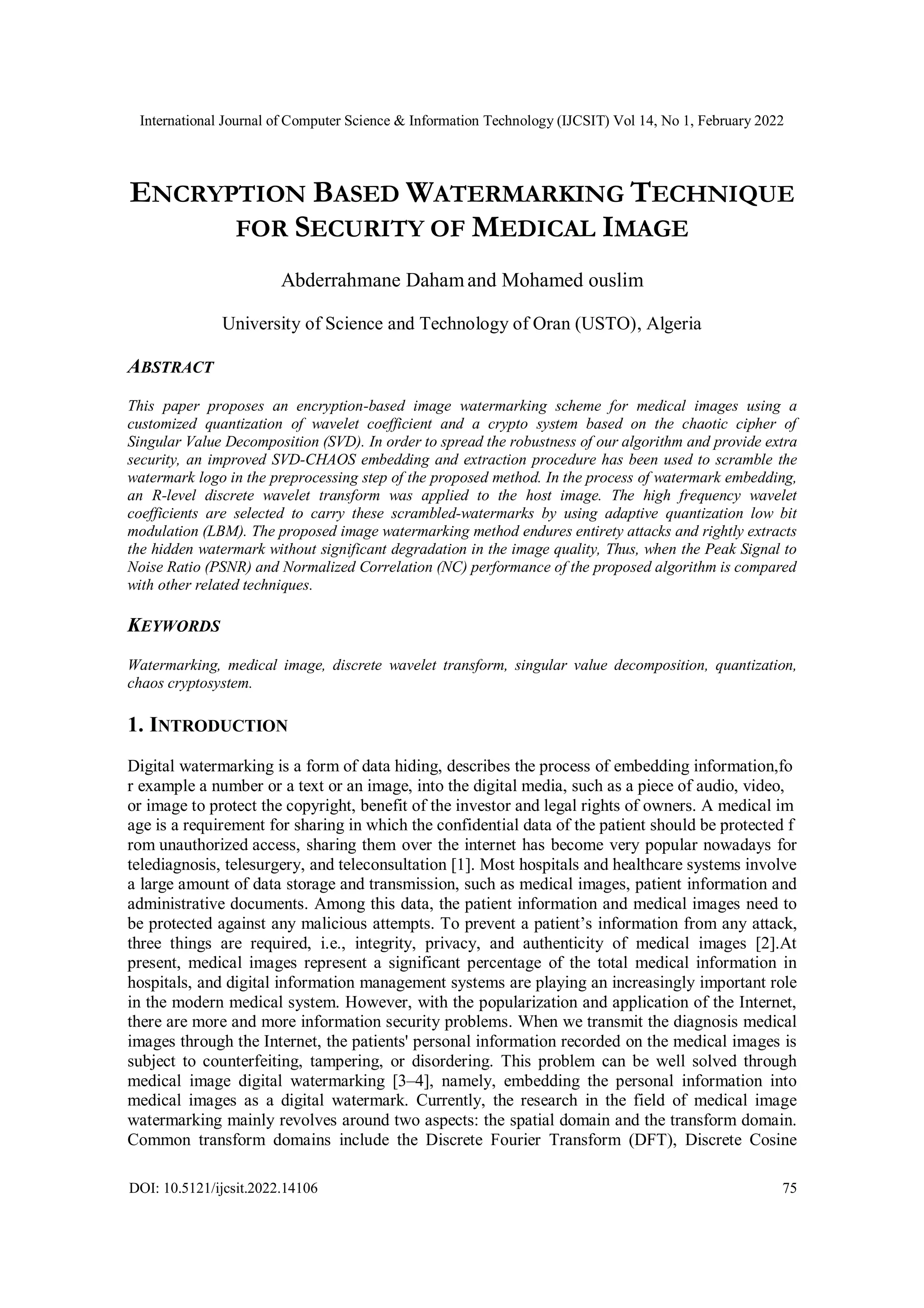ENCRYPTION BASED WATERMARKING TECHNIQUE FOR SECURITY OF MEDICAL IMAGE | PDF
