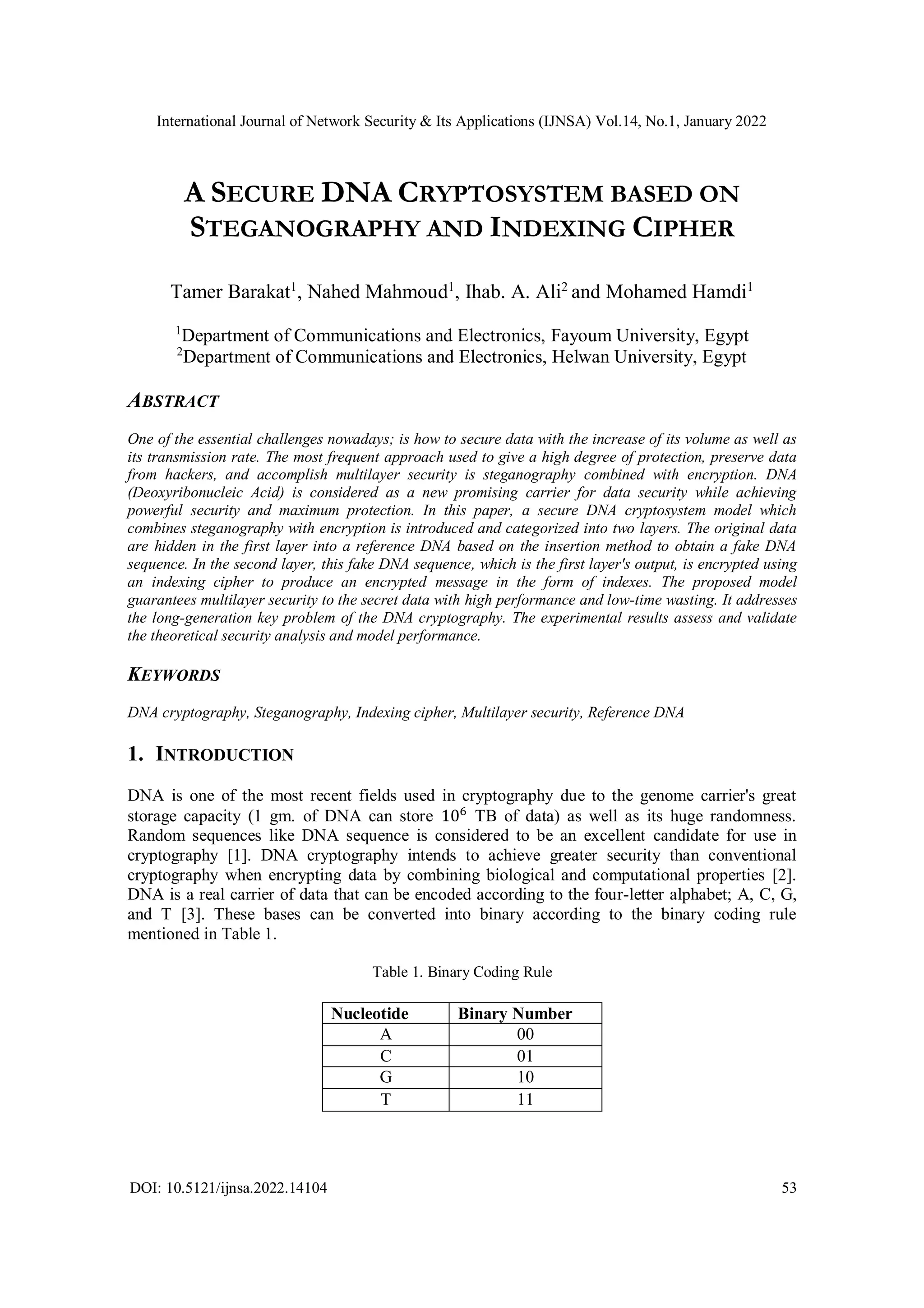 A SECURE DNA CRYPTOSYSTEM BASED ON STEGANOGRAPHY AND INDEXING CIPHER | PDF