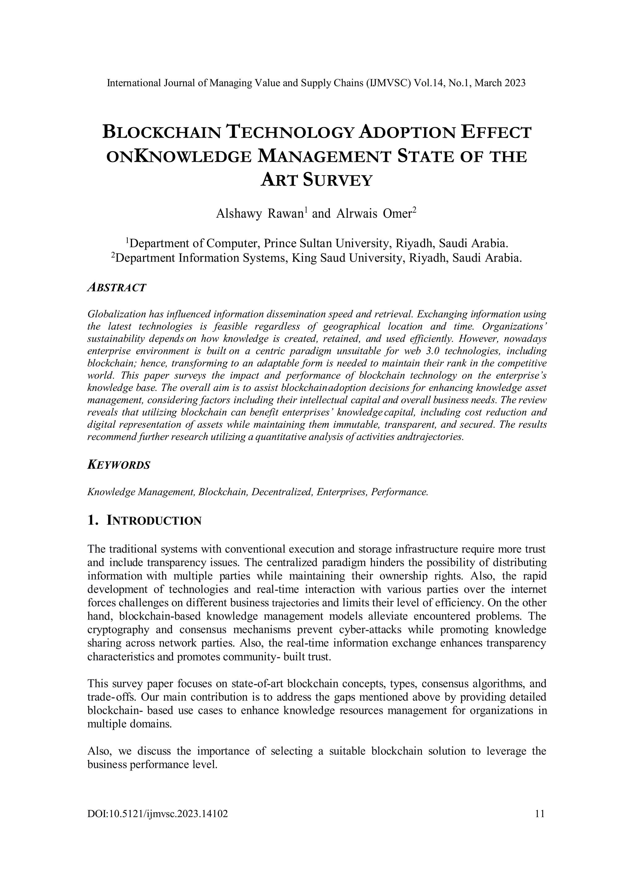 BLOCKCHAIN TECHNOLOGY ADOPTION EFFECT ONKNOWLEDGE MANAGEMENT STATE OF THE ART SURVEY | PDF ...