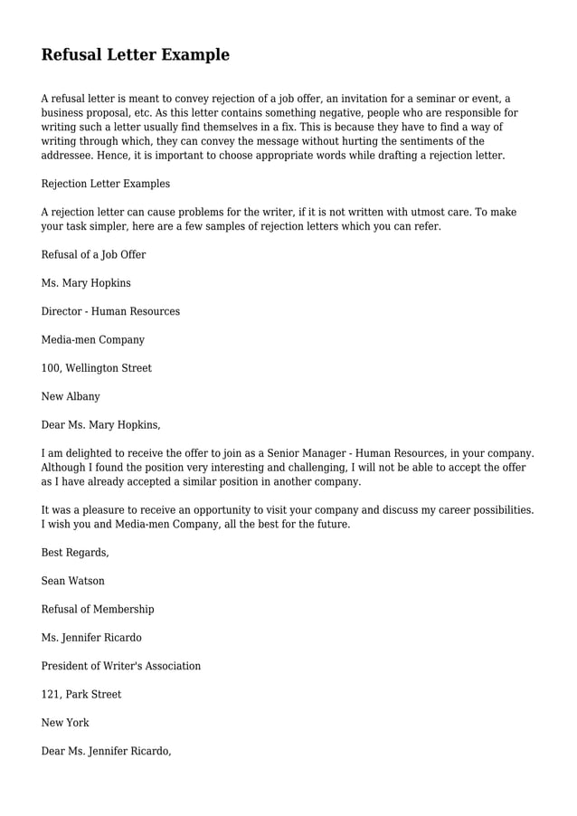 Refusal Letter Example Refusal Letter Example
