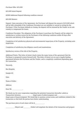 Sample Letter of Intent to Purchase | PDF