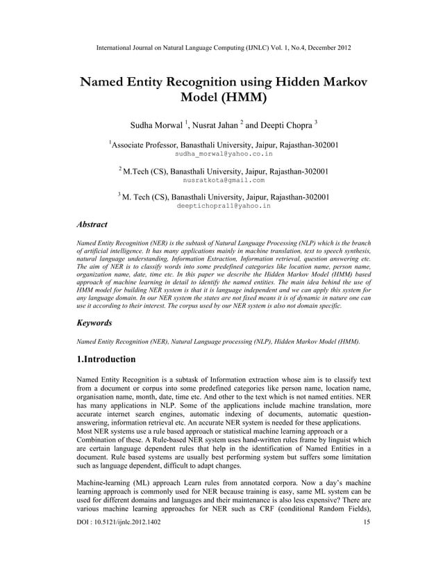 Named Entity Recognition using Hidden Markov Model (HMM) | PDF