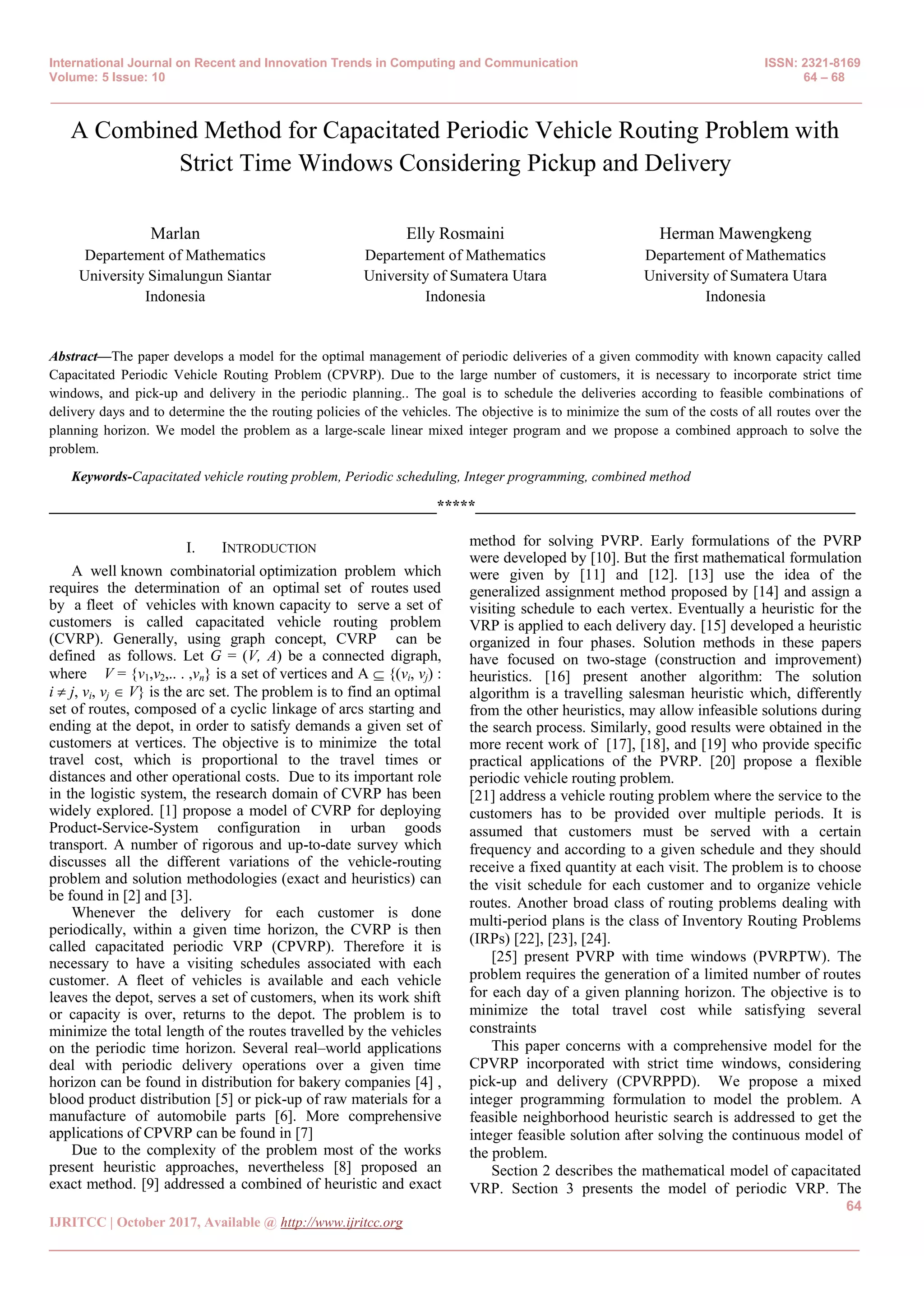 A Combined Method for Capacitated Periodic Vehicle Routing Problem with Strict Time Windows ...