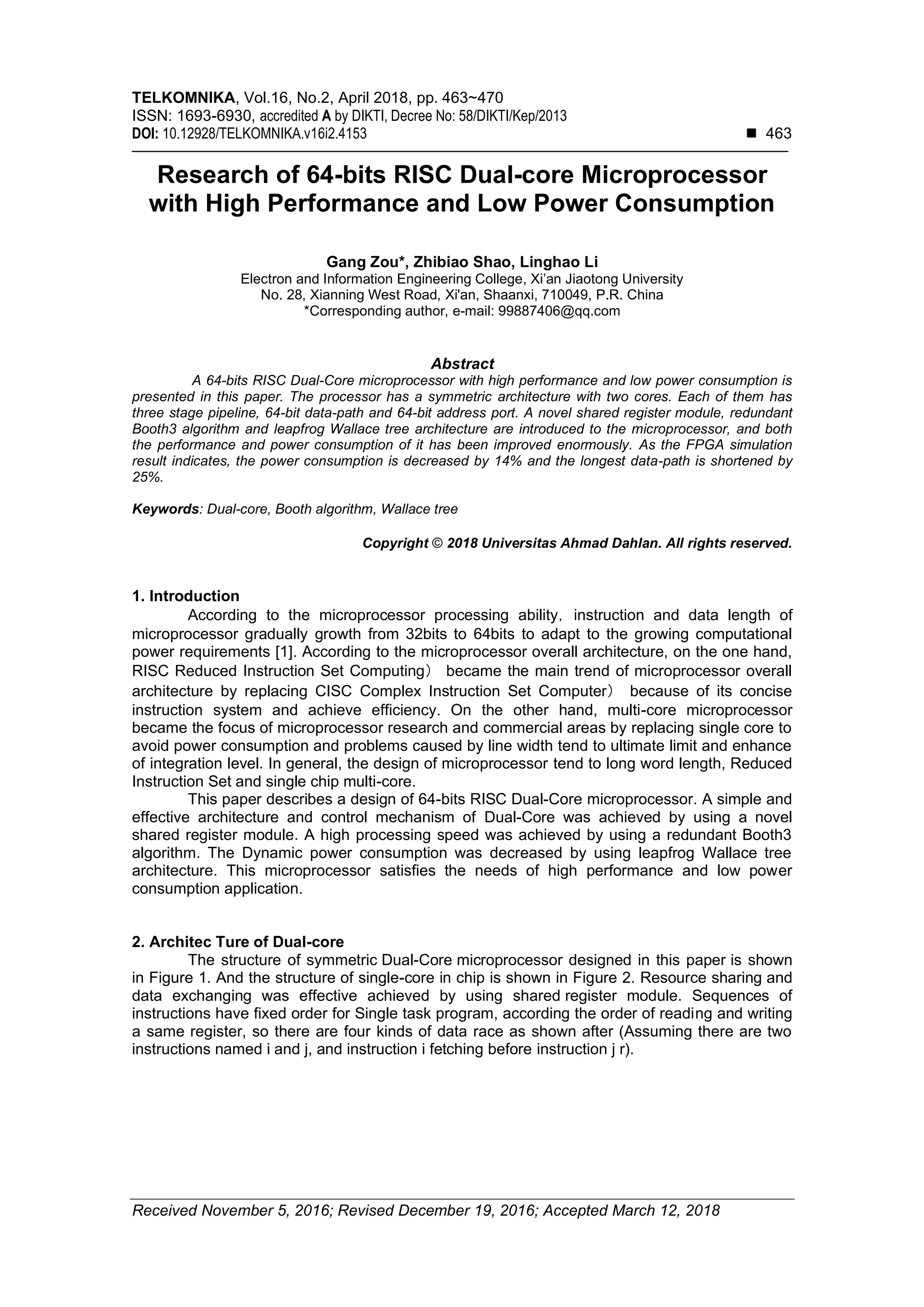 Research of 64-bits RISC Dual-core Microprocessor with High Performance and Low Power ...