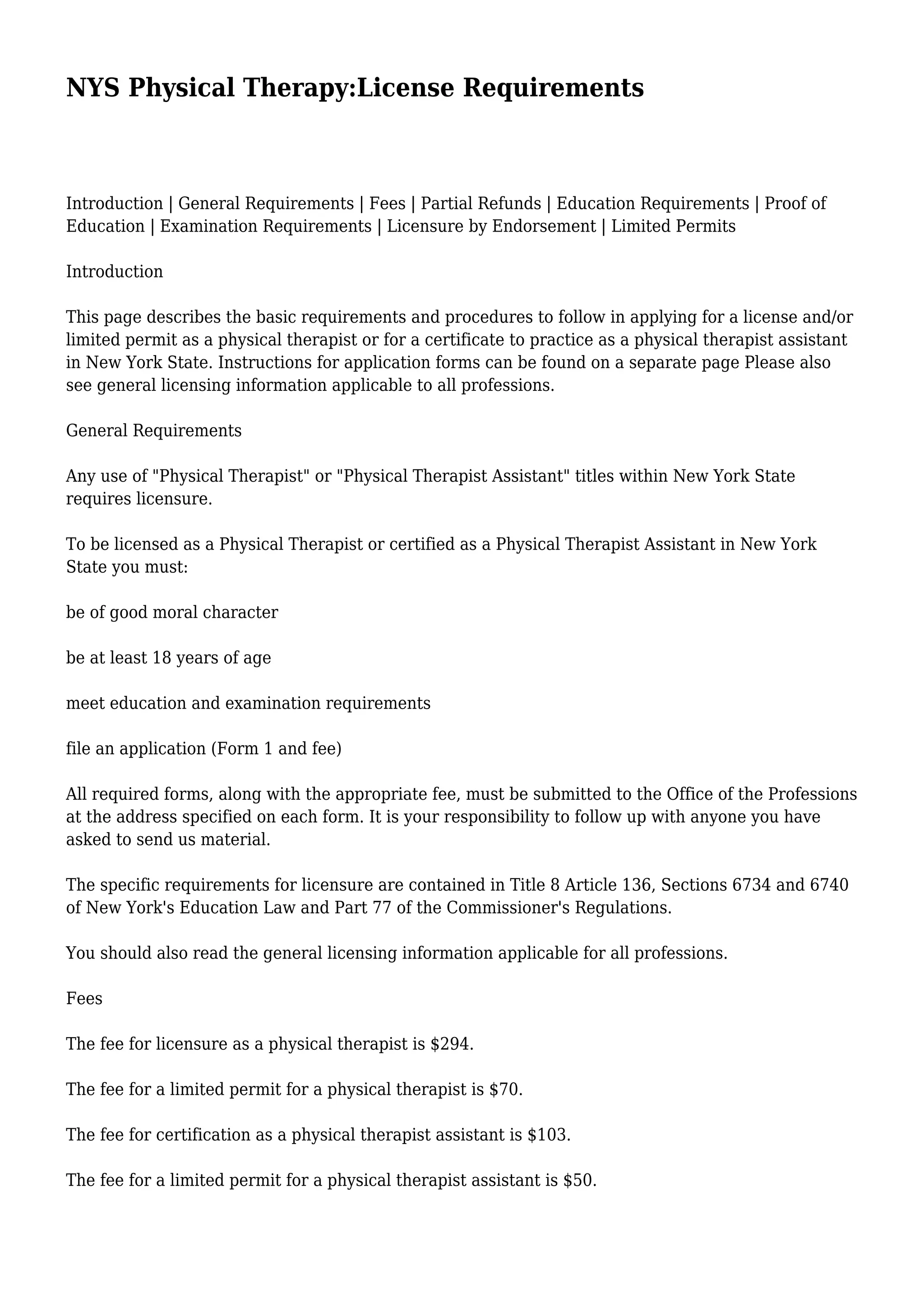 NYS Physical Therapy:License Requirements | PDF