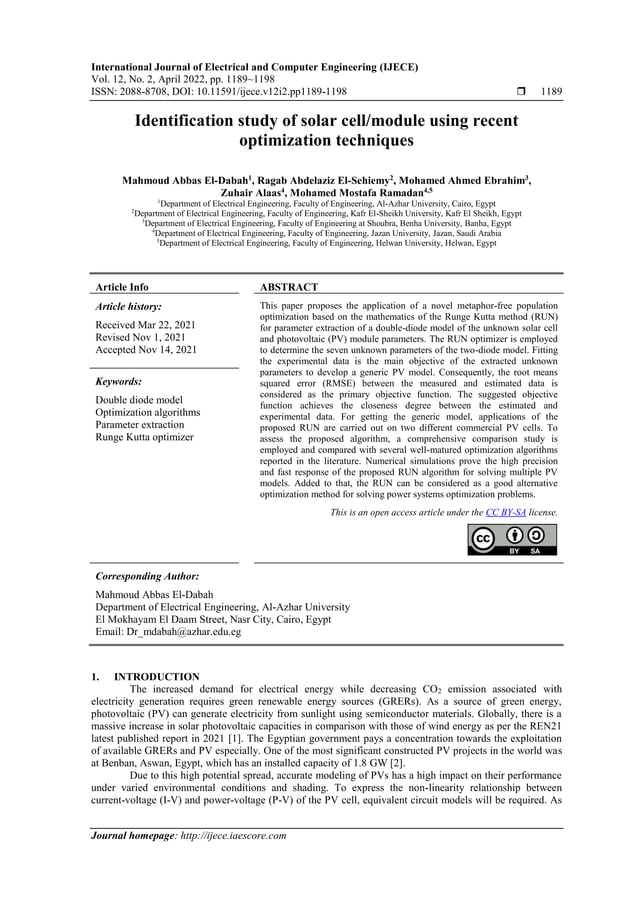 Identification study of solar cell/module using recent optimization techniques | PDF